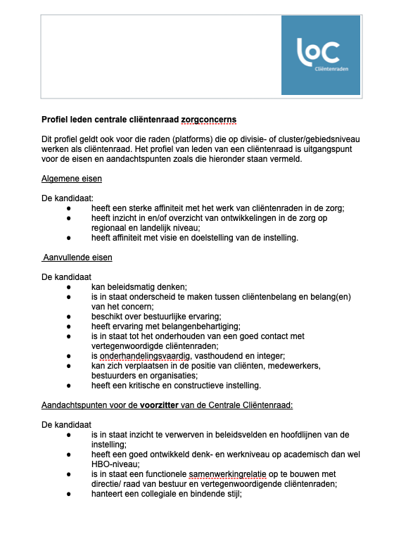 Profielschets leden centrale cliëntenraden - LOC Cliëntenraden